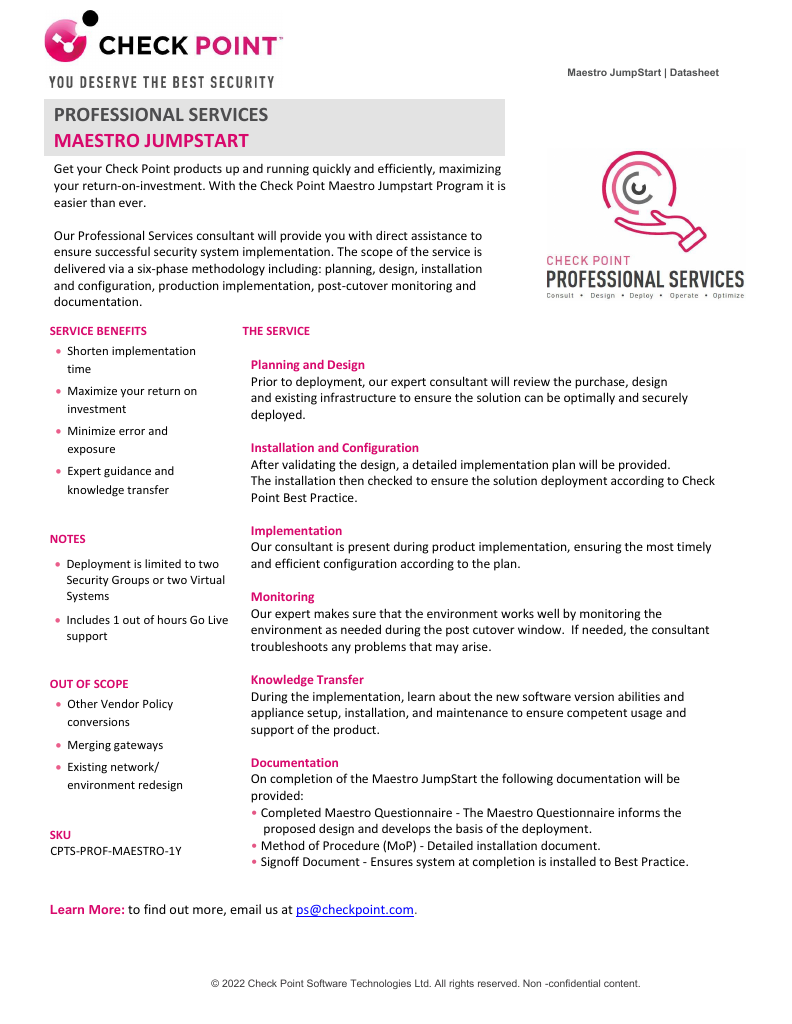 Datasheet | Professional Services Maestro Jumpstart | Check Point Software