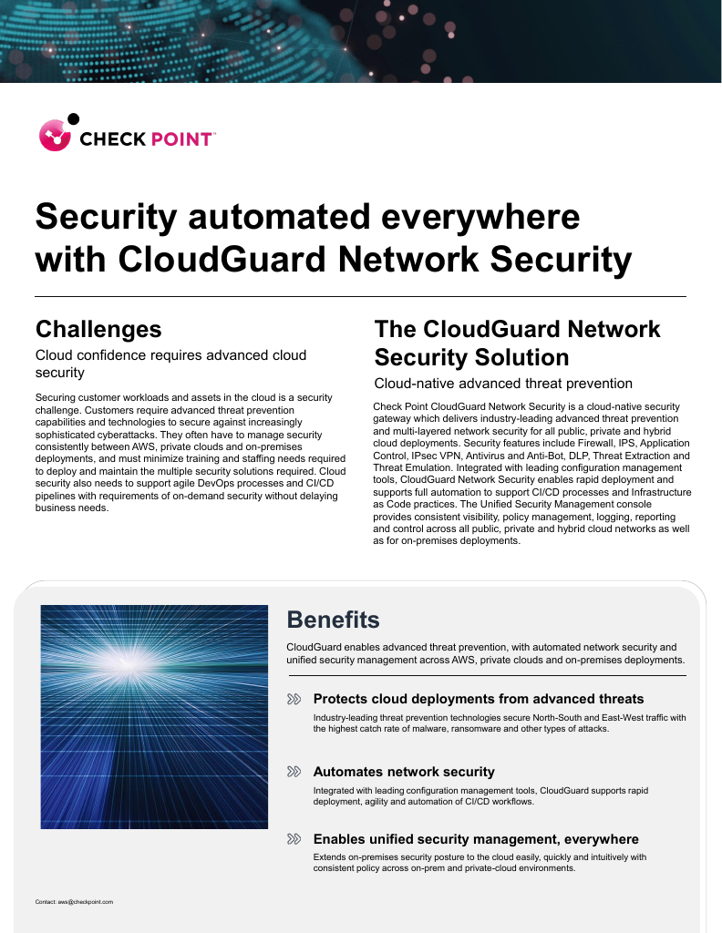 Solution Brief | AWS and CloudGuard Network Security | Check Point Software Solution Brief | AWS and CloudGuard Network Security | Check Point Software