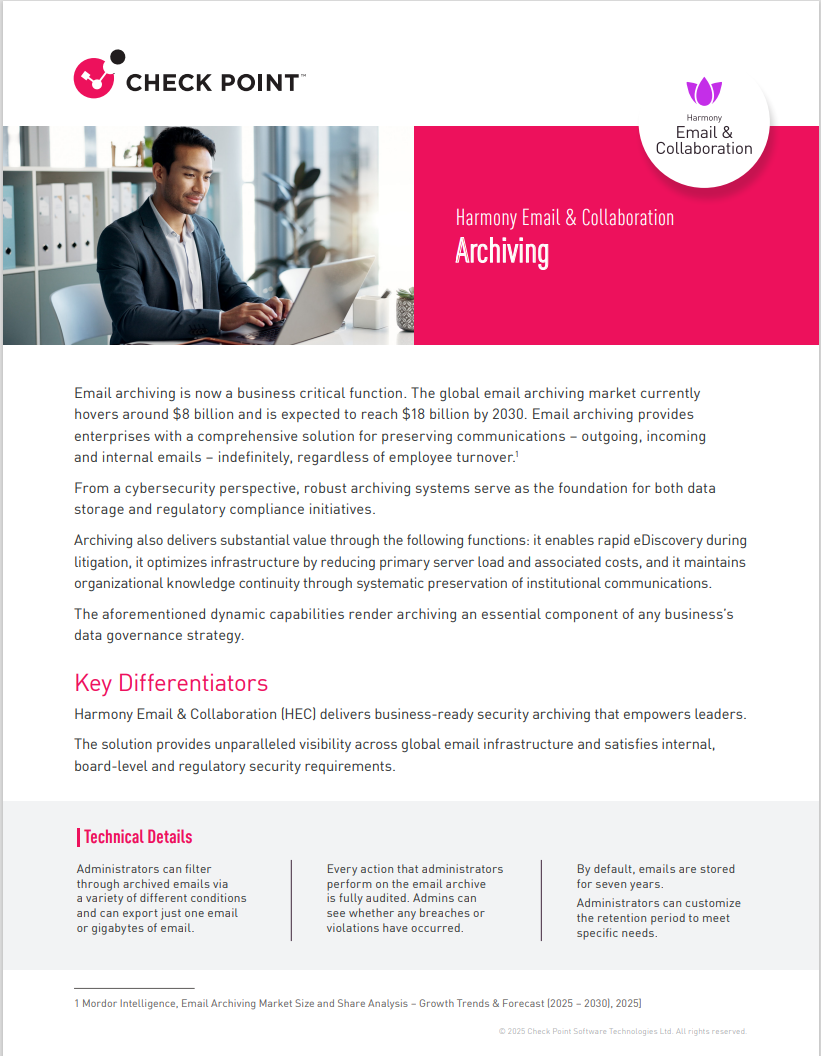 Solution Brief | Harmony Email & Collaboration Email Archiving Overview | Check Point Software