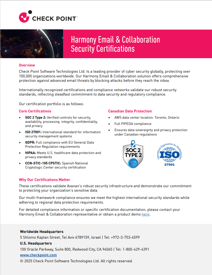 Service Overview | Harmony Email & Collaboration Security Certifications | Check Point Software
