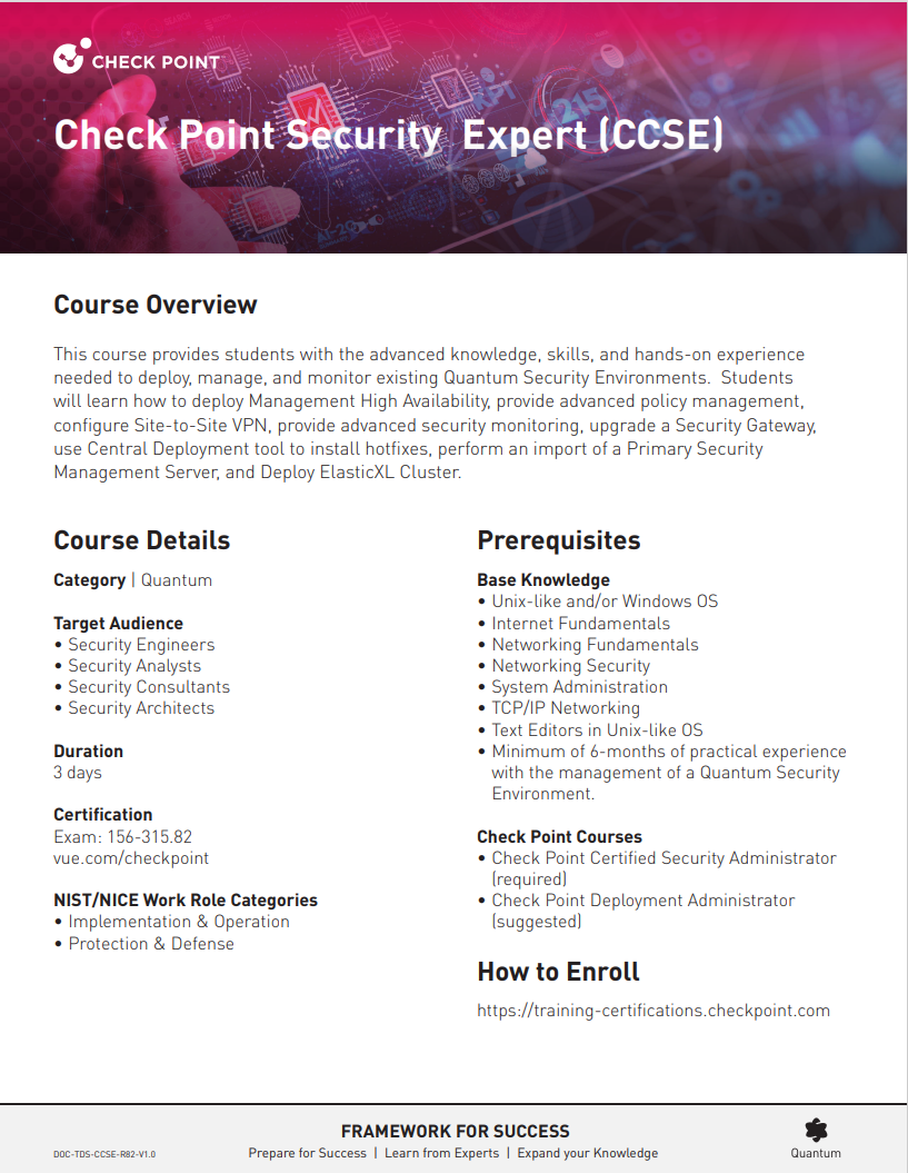 Datasheet | R82 CCSE Training | Check Point Software